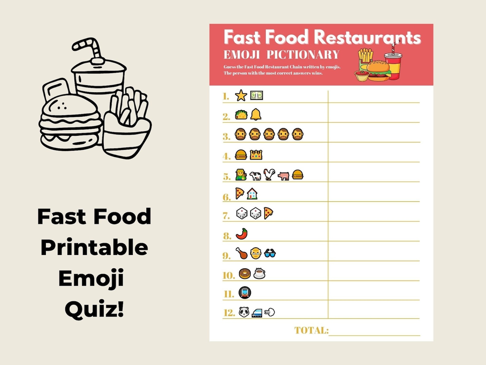 Fast Food Restaurant Emoji Pictionary Emoji Quiz Food Quiz - Etsy