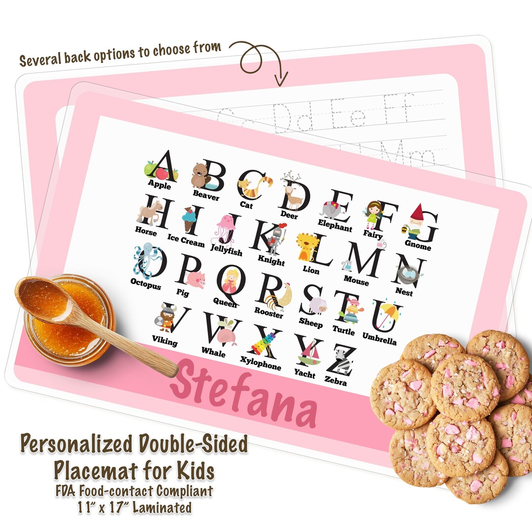 Personalized Placemat for Kids | Pink Alphabet Double-sided Placemat ...