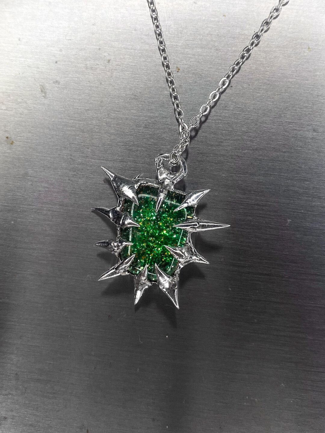 Y2k Cybersigilsm Green Glitter Stained Glass Sigil Necklace Spiky ...