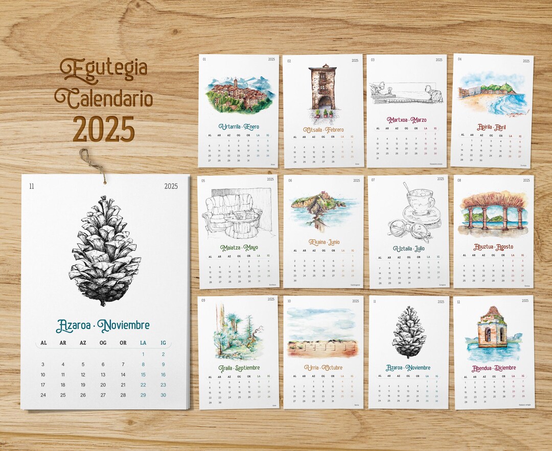 Calendario 2025 egutegia. 12 dibujos y acuarelas. Calendario de pared ...