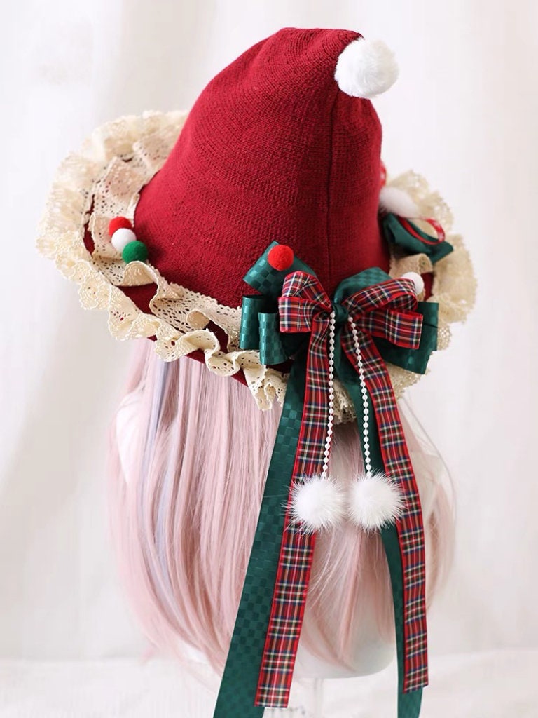Christmas Tree Hat Christmas Bow Plush Lace Female Hat Handmade Elf