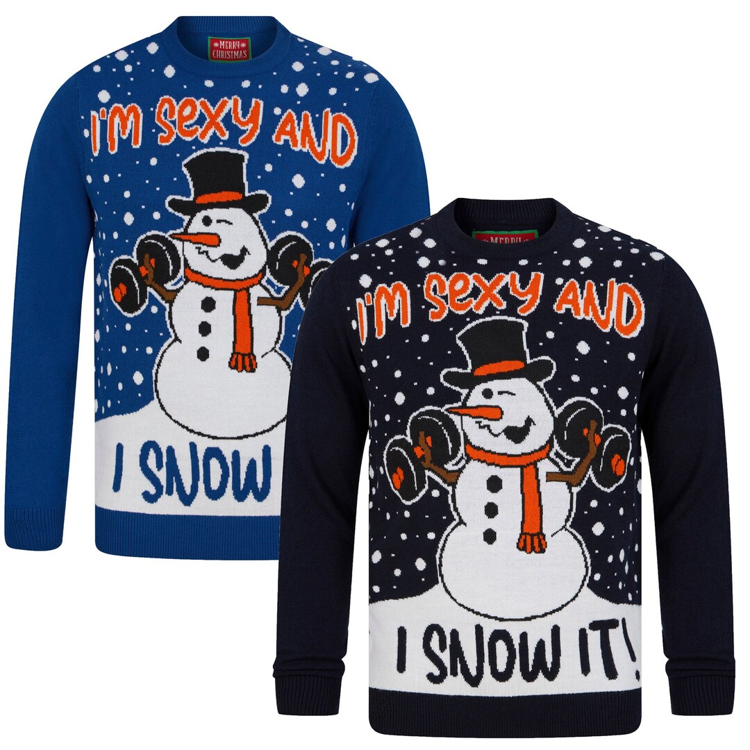 Men's Christmas Novelty Jumper Funny Snowman Knitted Blue Xmas Sweater ...