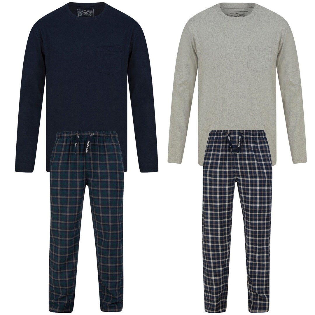 Mens 2 Piece Check Pyjama Set Cotton Lounge Pants and Long - Etsy