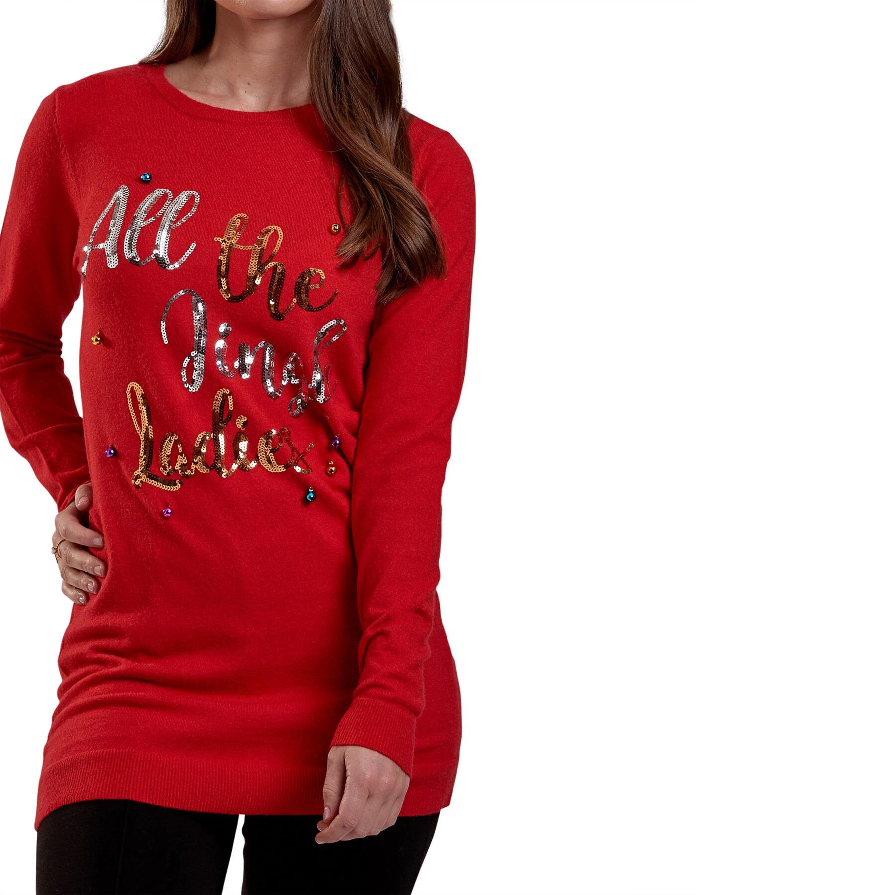 Women's Ladies Christmas Novelty Tunic Jumper Thin Knitted Long Red ...