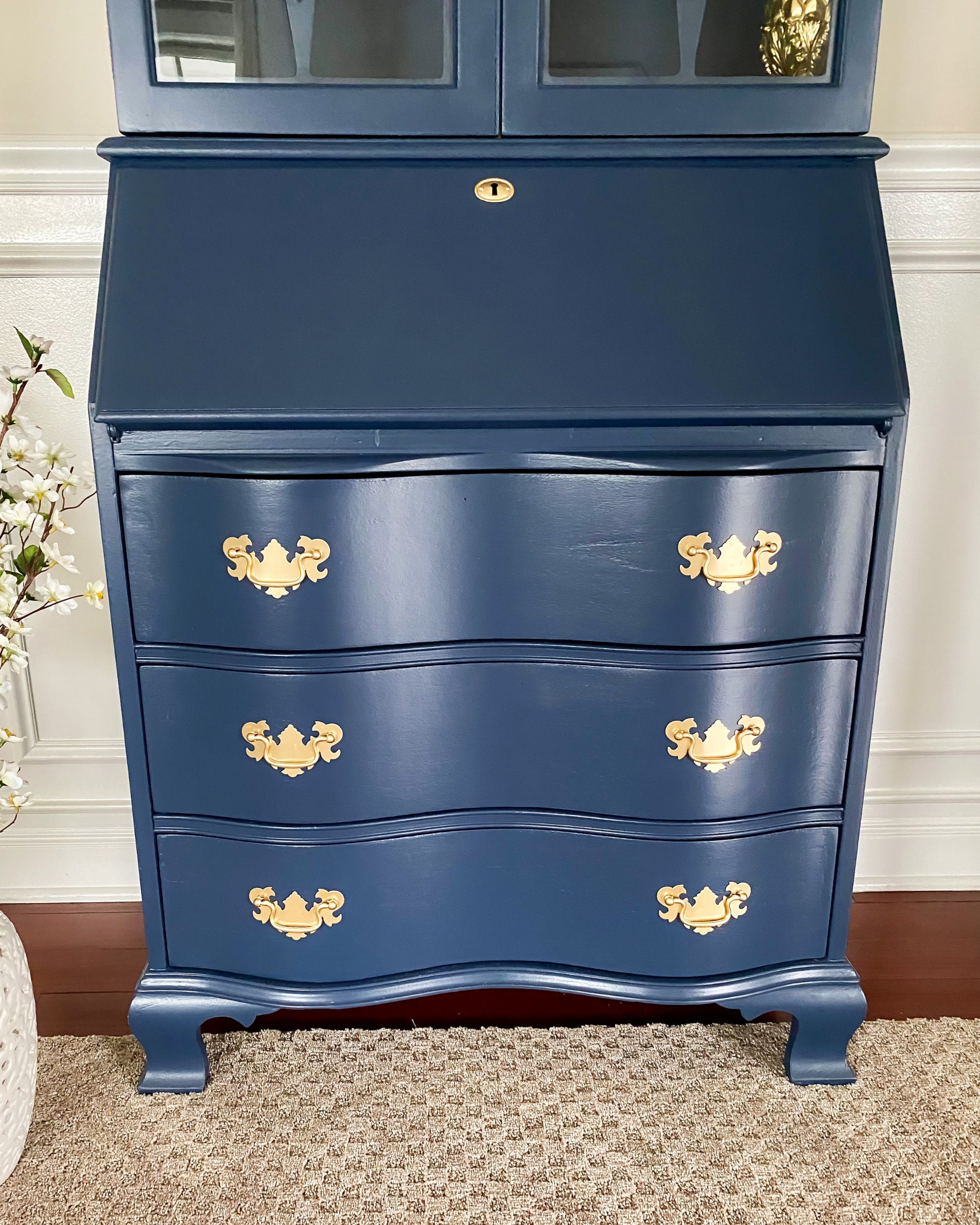 SOLD Vintage Antique Secretary Desk Secretary Hutch Serpentine Drawers Solid Mahogany Desk With Bookcase Top Refinished in Naval Blue Etsy Israel