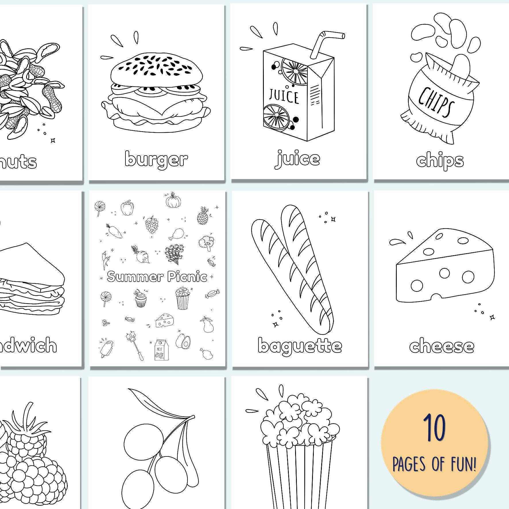 Summer Picnic Coloring Pages for Kids - Etsy