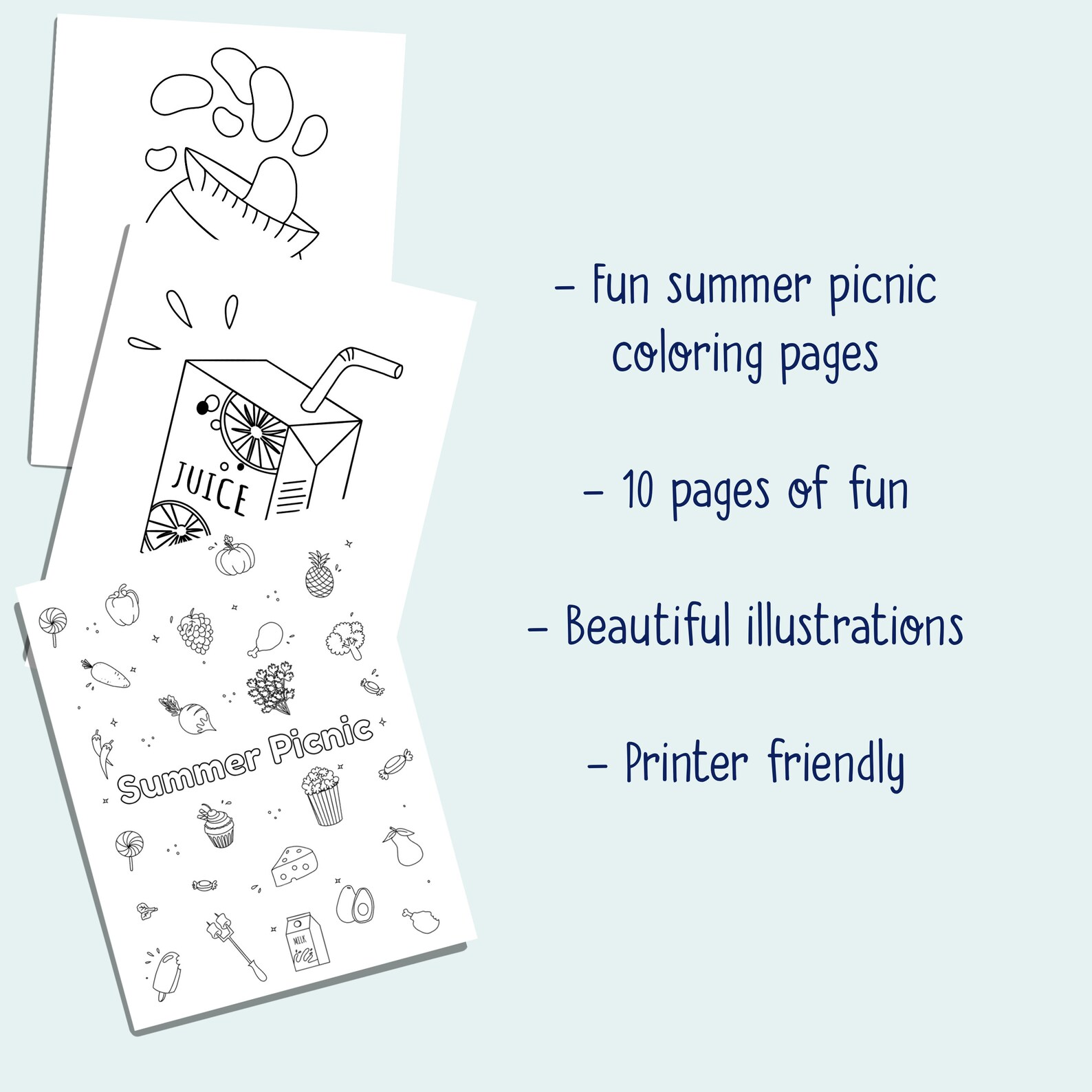 Summer Picnic Coloring Pages for Kids - Etsy