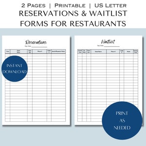 Printable Restaurant Reservation Form and Waitlist Form, Minimalist ...