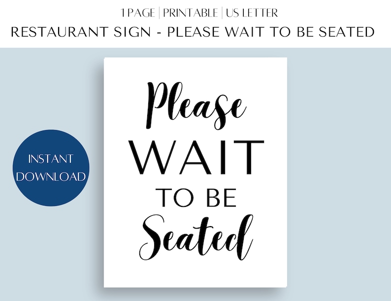 Please Wait to Be Seated Printable Sign, Restaurant Sign, Instant ...