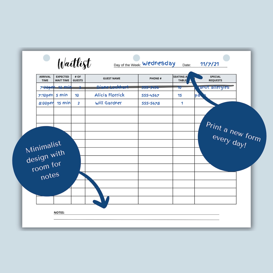 Restaurant Waitlist Form, Minimalist Waitlist, Printable Wait List ...