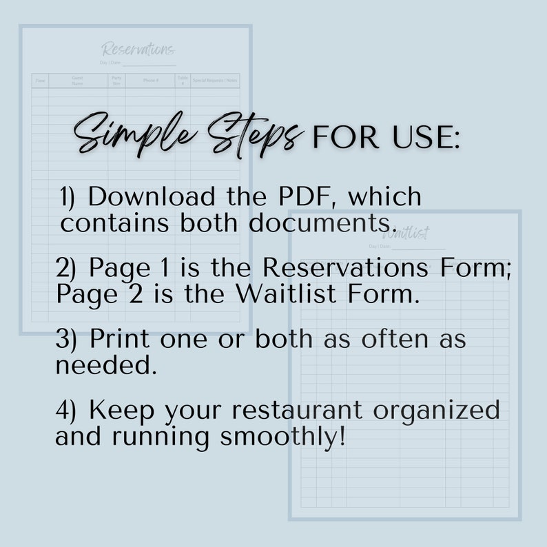 Printable Restaurant Reservation Form and Waitlist Form, Minimalist ...