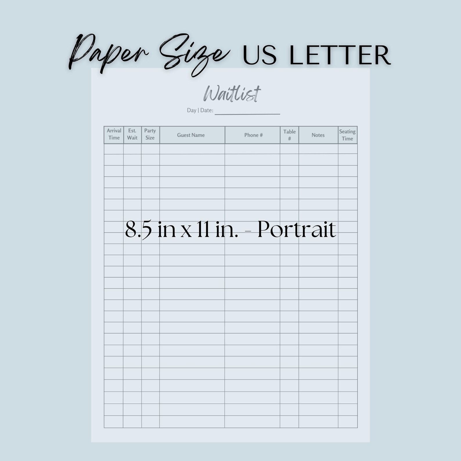 Restaurant Waitlist Form, Waiting List, Waitlist Template, Minimalist ...