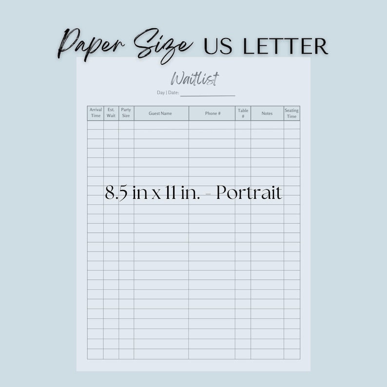 Restaurant Waitlist Form, Waiting List, Waitlist Template, Minimalist ...