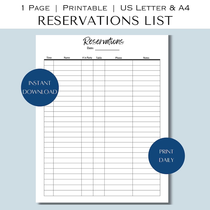 Printable Restaurant Reservation List, Table Reservation Form ...