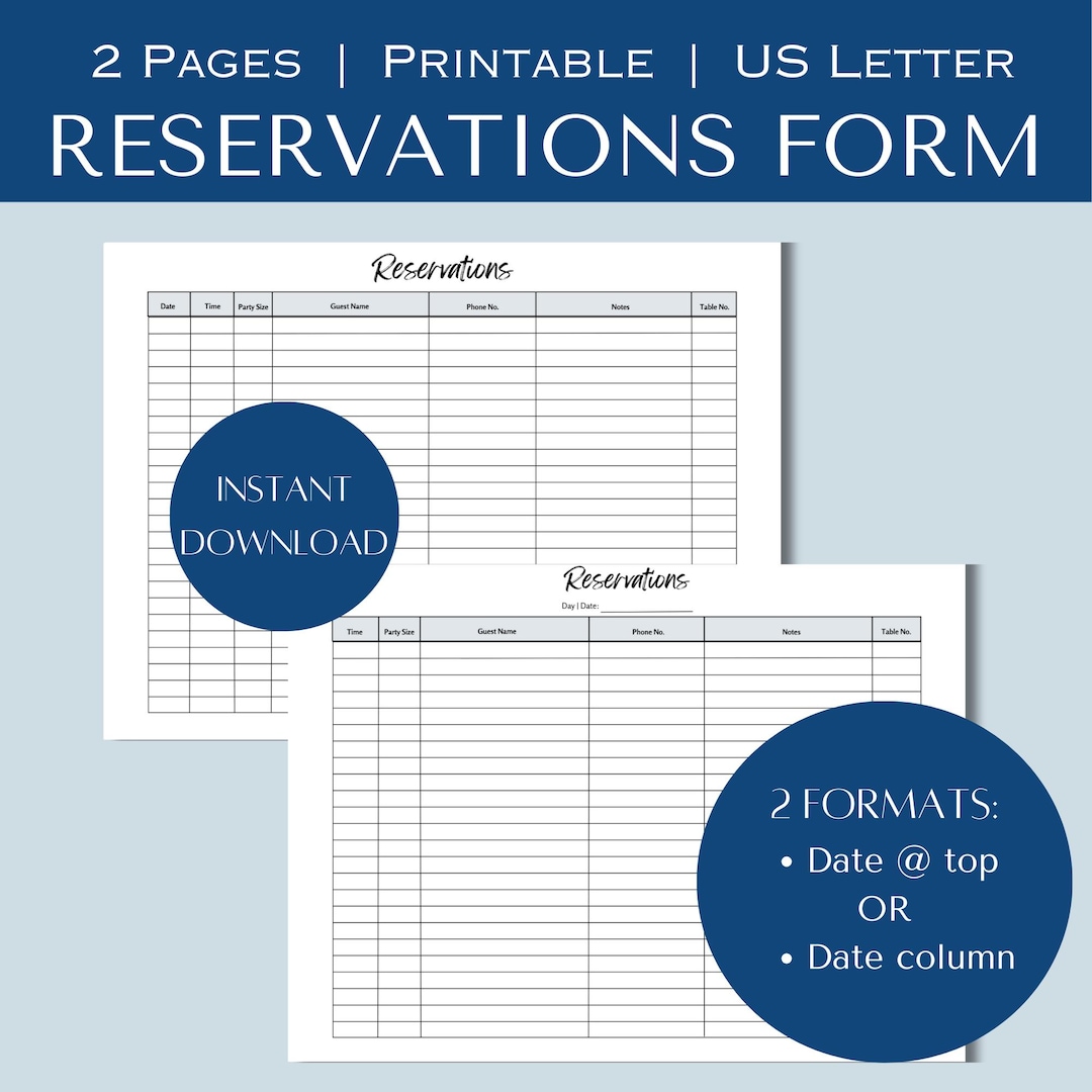 Restaurant Reservations Sheet, Printable Reservations Form, Minimalist ...