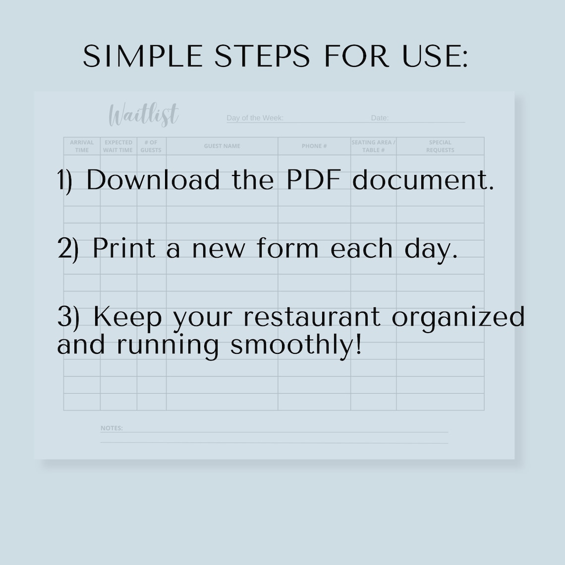 Restaurant Waitlist Form, Minimalist Waitlist, Printable Wait List ...