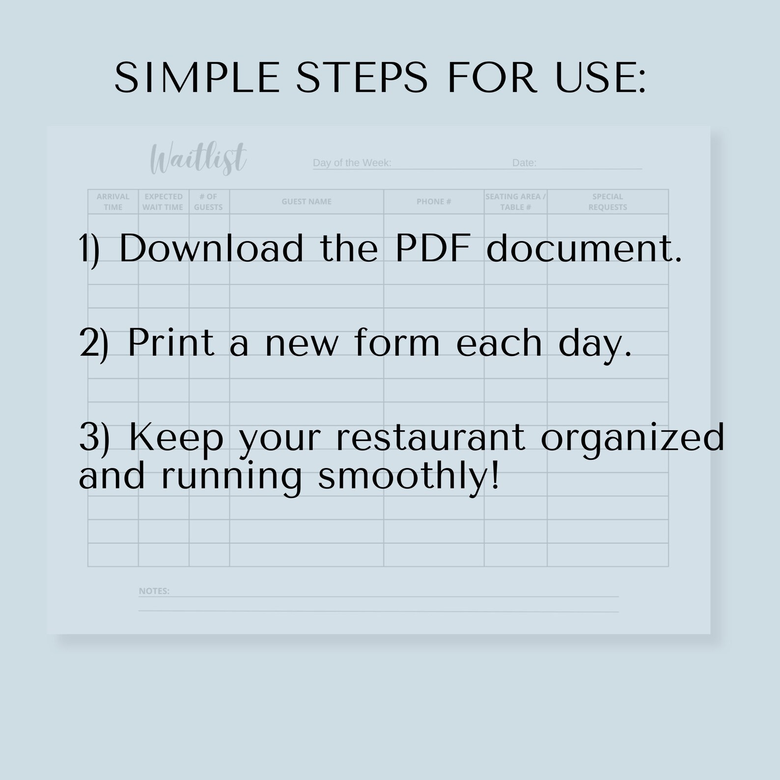 Restaurant Waitlist Form, Minimalist Waitlist, Printable Wait List ...