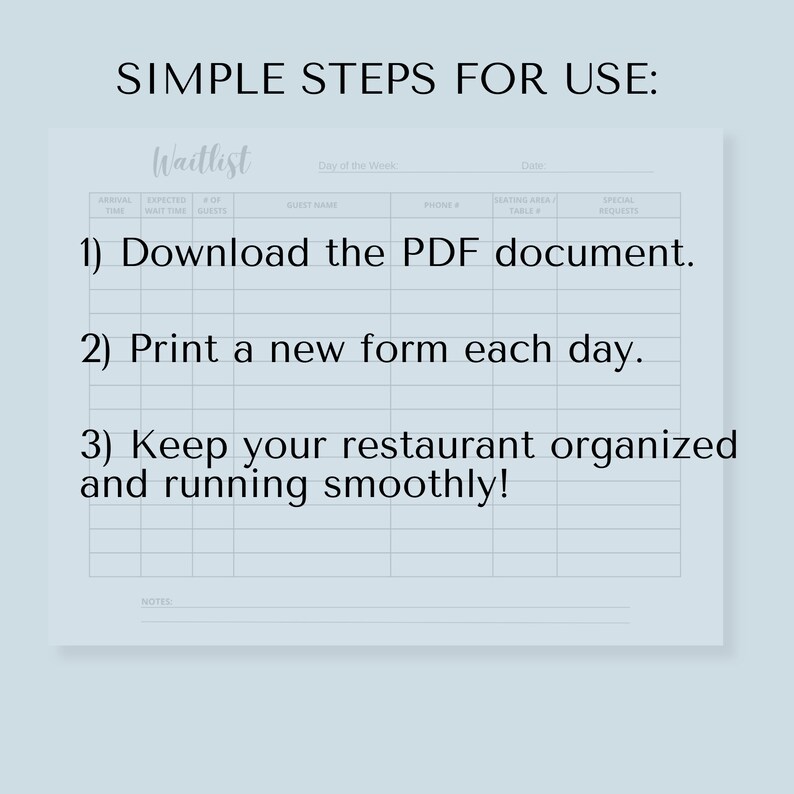Restaurant Waitlist Form, Minimalist Waitlist, Printable Wait List ...