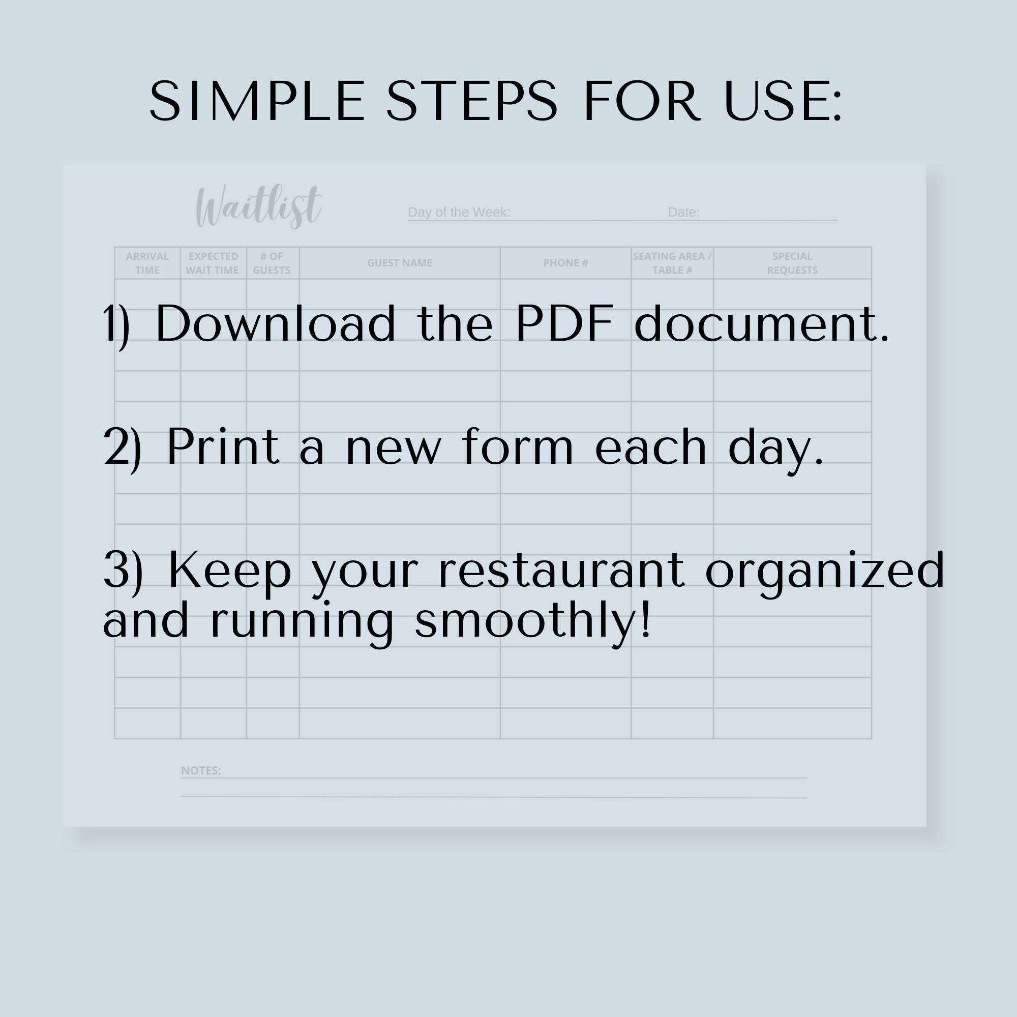 Restaurant Waitlist Form, Minimalist Waitlist, Printable Wait List ...