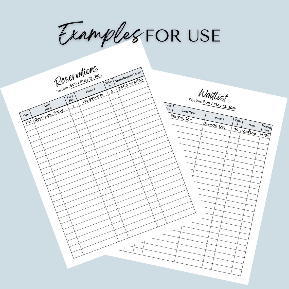 Printable Restaurant Reservation Form and Waitlist Form, Minimalist ...