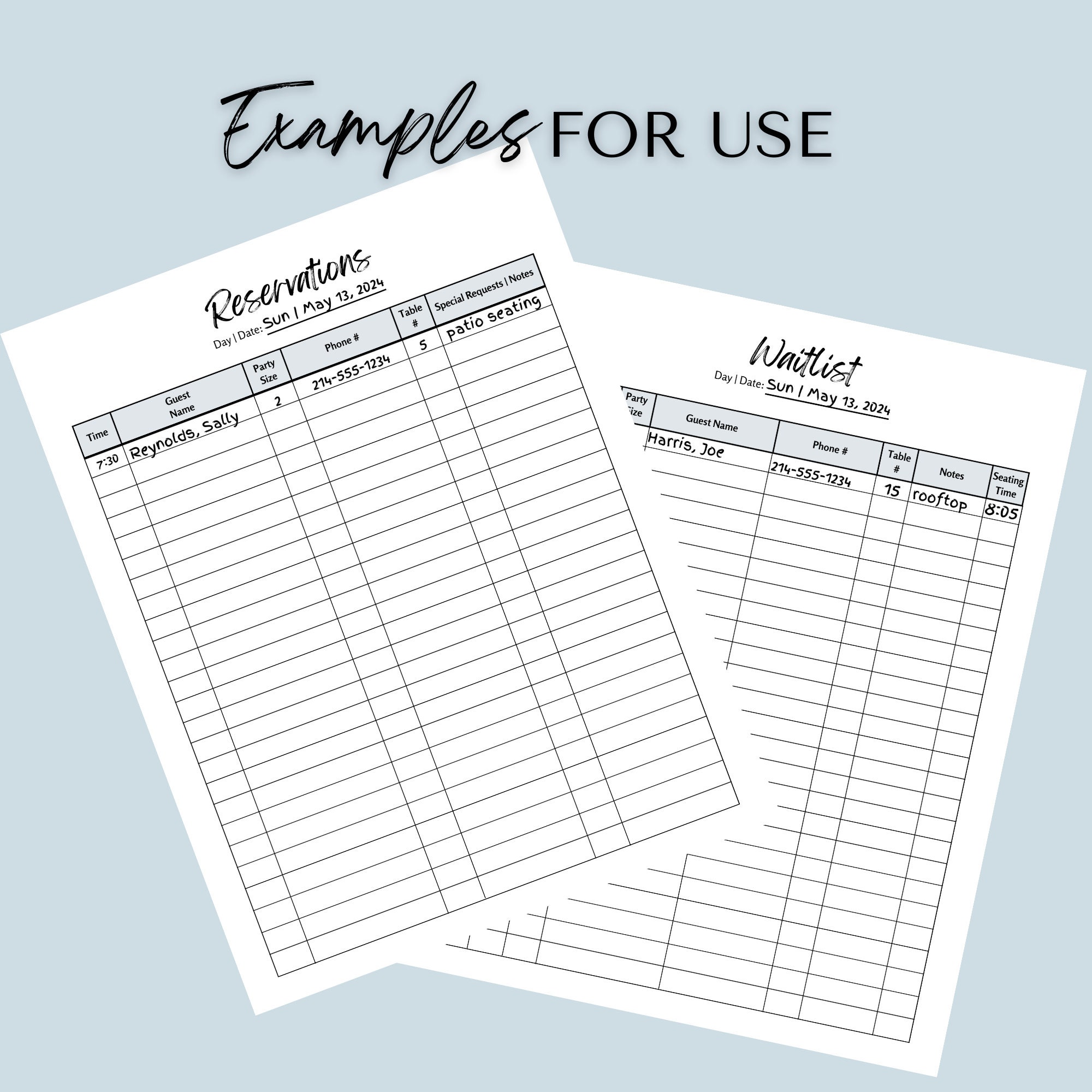 Printable Restaurant Reservation Form and Waitlist Form, Minimalist ...