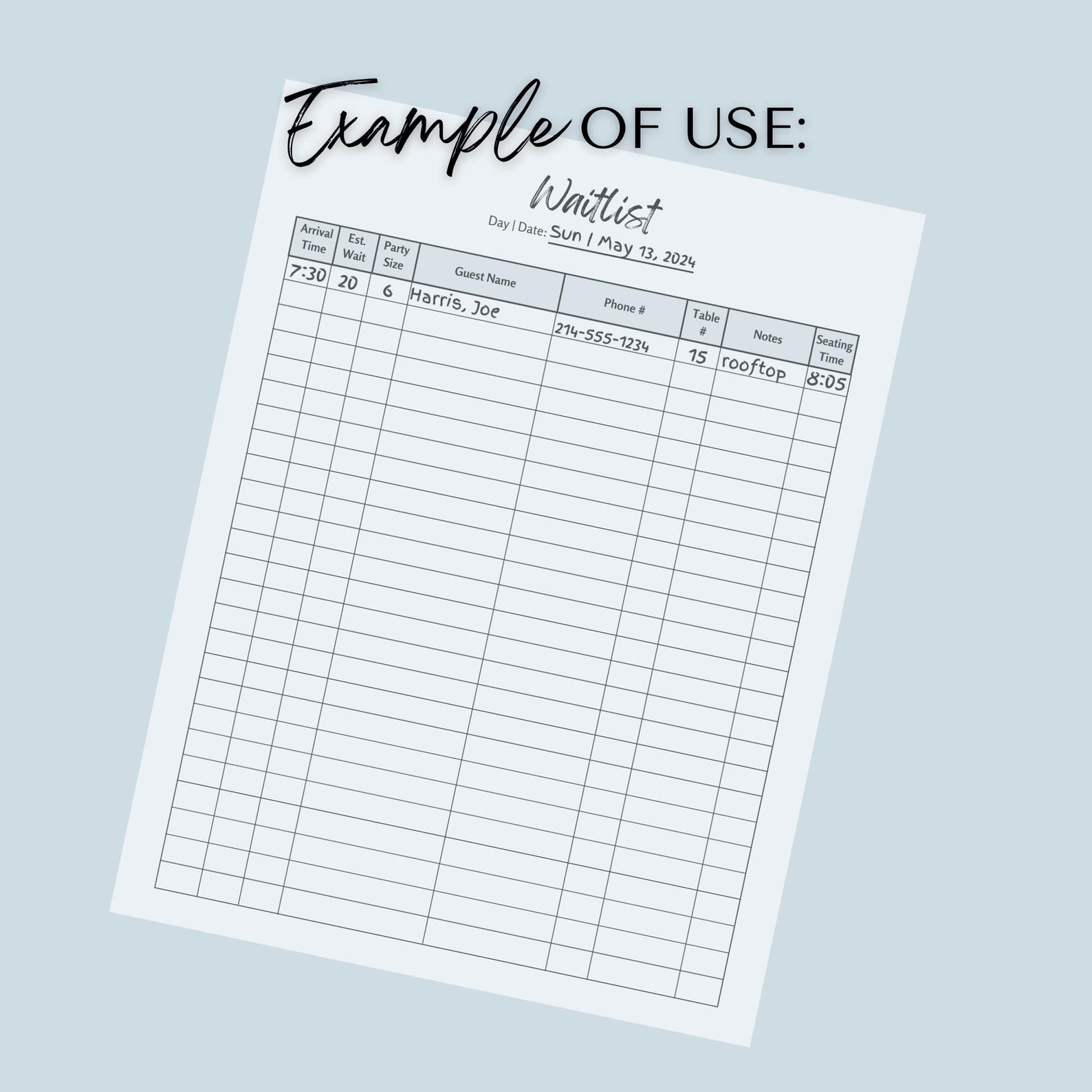 Restaurant Waitlist Form, Waiting List, Waitlist Template, Minimalist ...