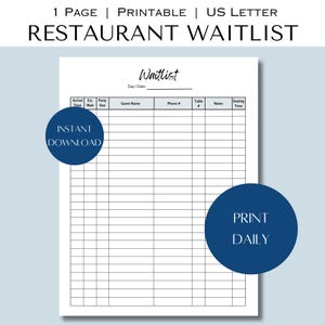 Restaurant Waitlist Form, Waiting List, Waitlist Template, Minimalist ...