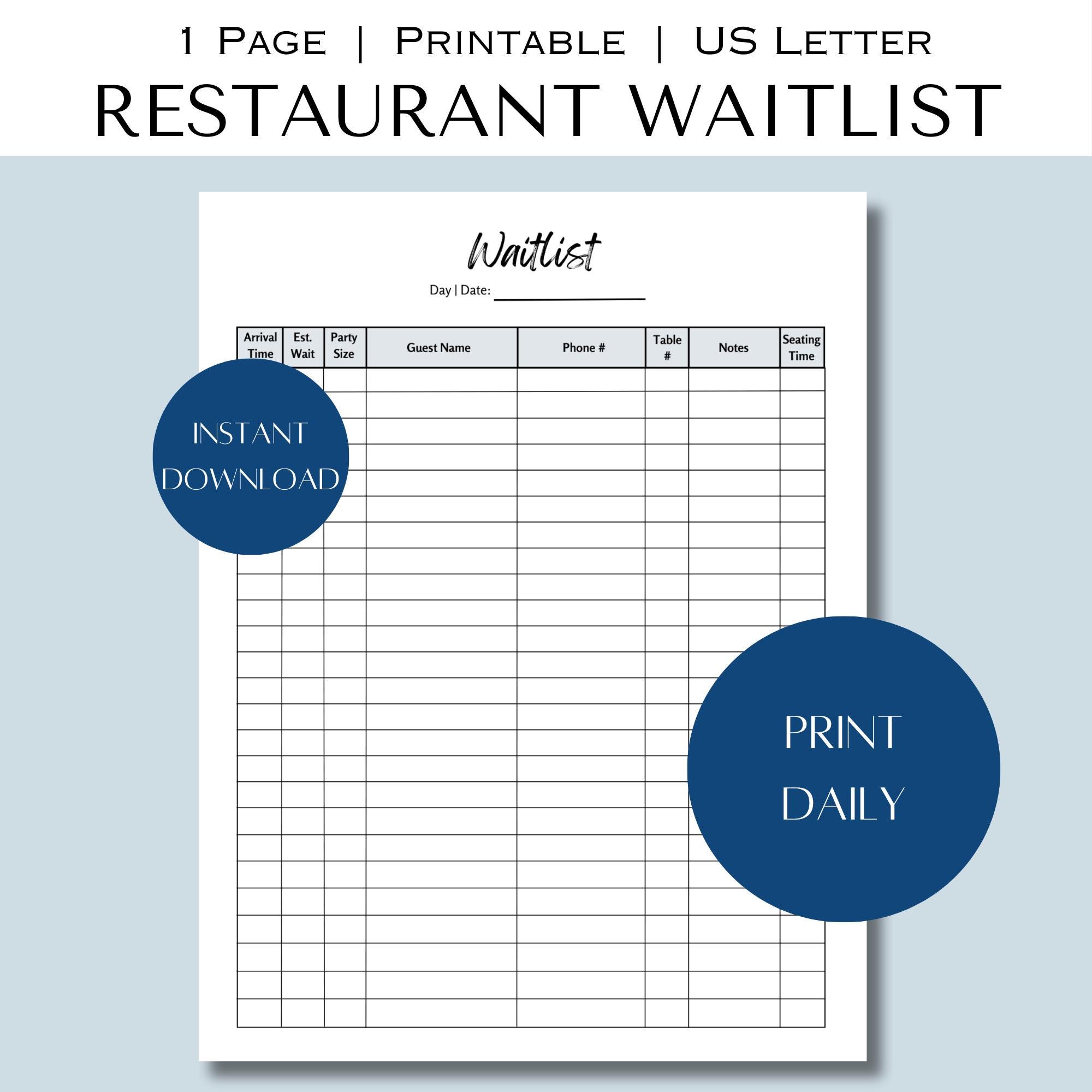 Restaurant Waitlist Form, Waiting List, Waitlist Template, Minimalist Waitlist, Printable Wait ...