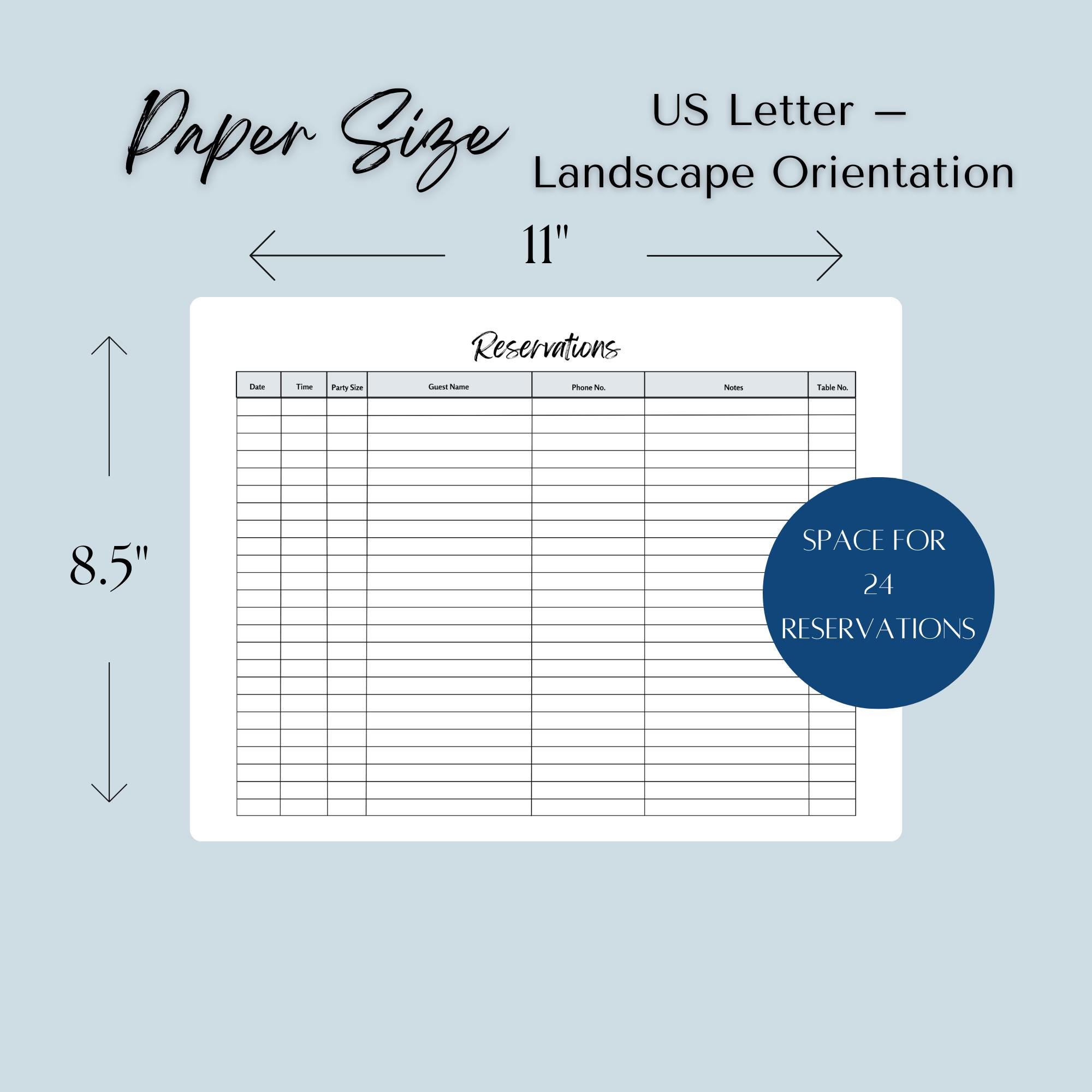 Restaurant Reservations Sheet, Printable Reservations Form, Minimalist ...