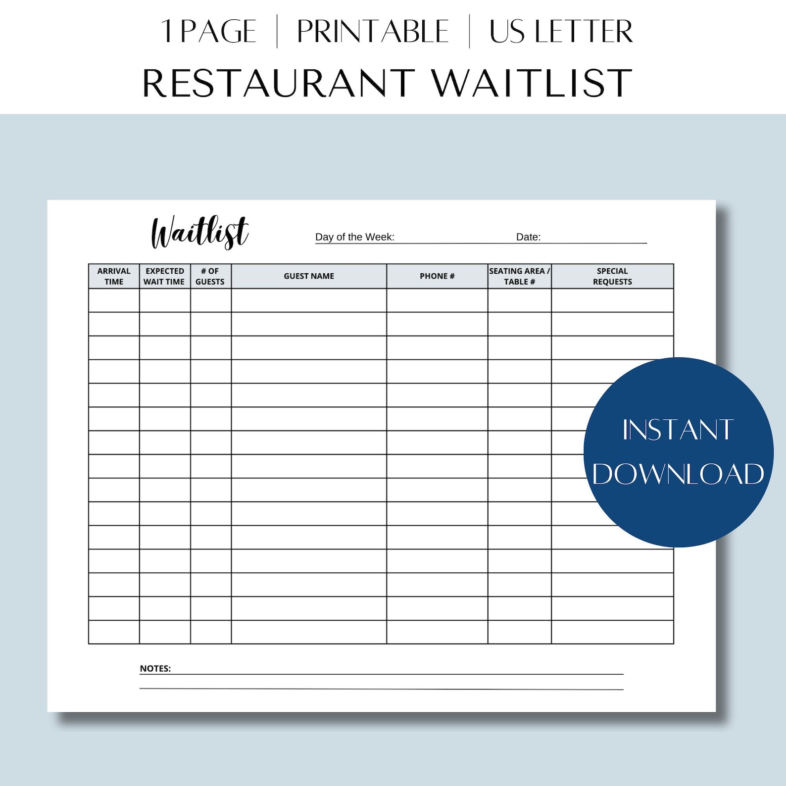 Restaurant Waitlist Form, Minimalist Waitlist, Printable Wait List ...