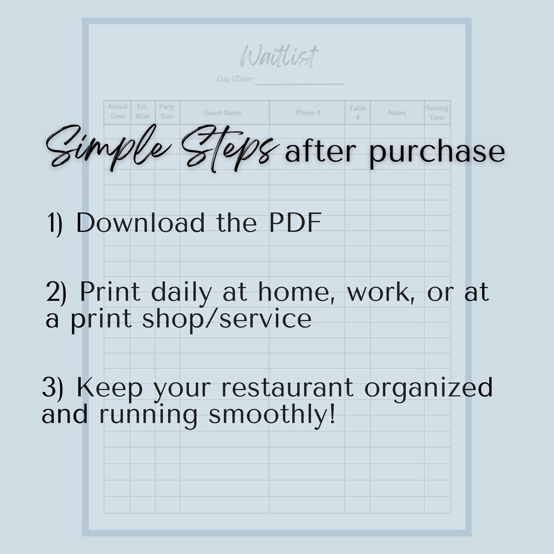 Restaurant Waitlist Form, Waiting List, Waitlist Template, Minimalist ...