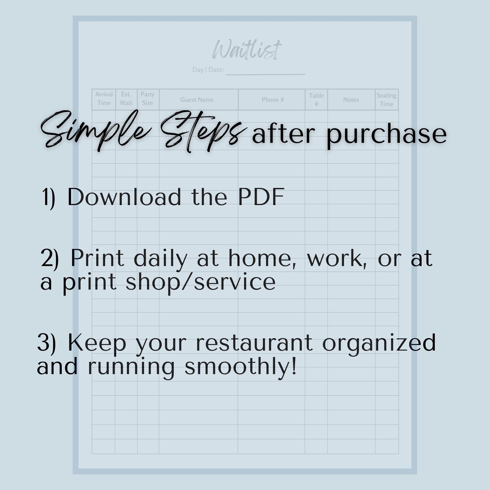 Restaurant Waitlist Form, Waiting List, Waitlist Template, Minimalist ...