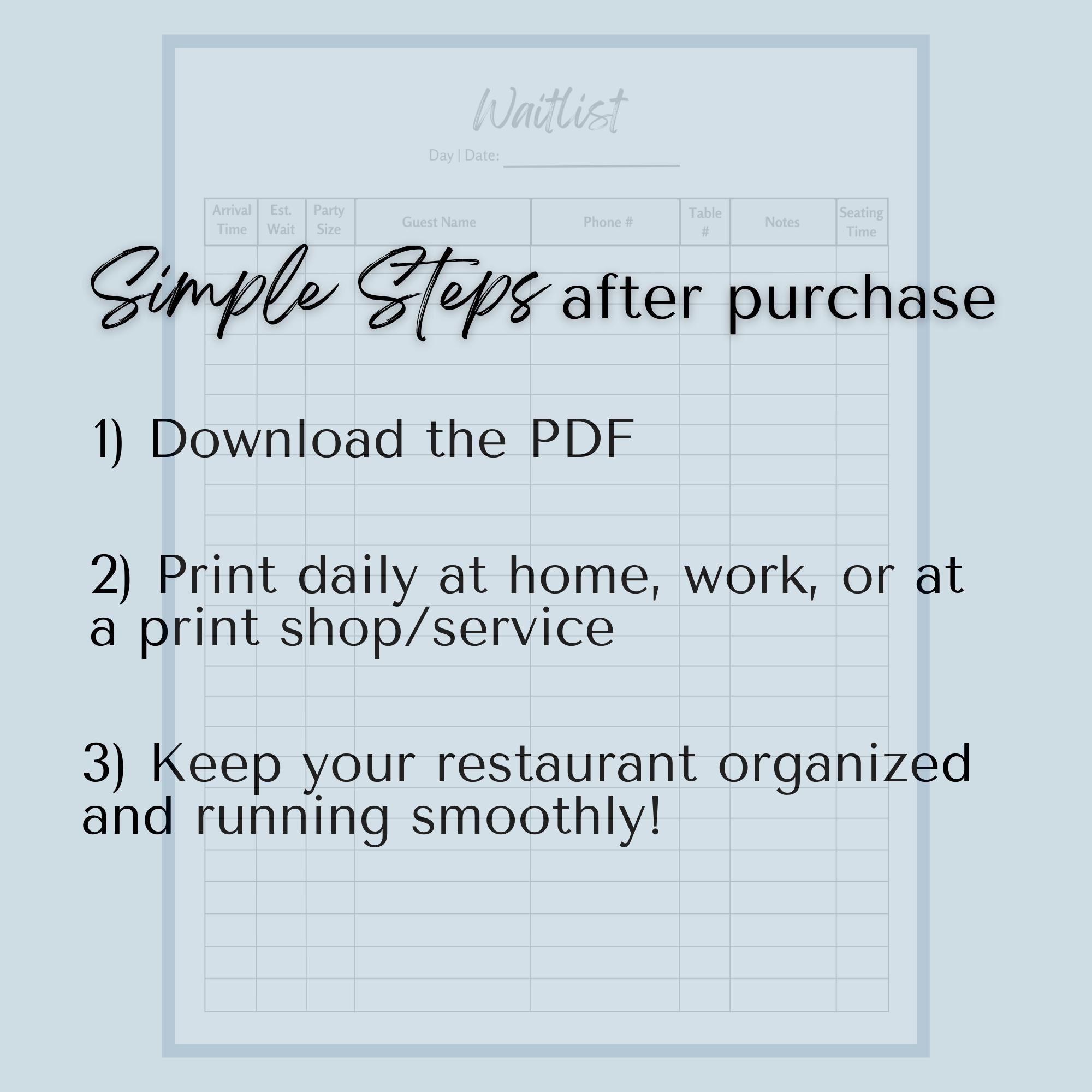 Restaurant Waitlist Form, Waiting List, Waitlist Template, Minimalist ...