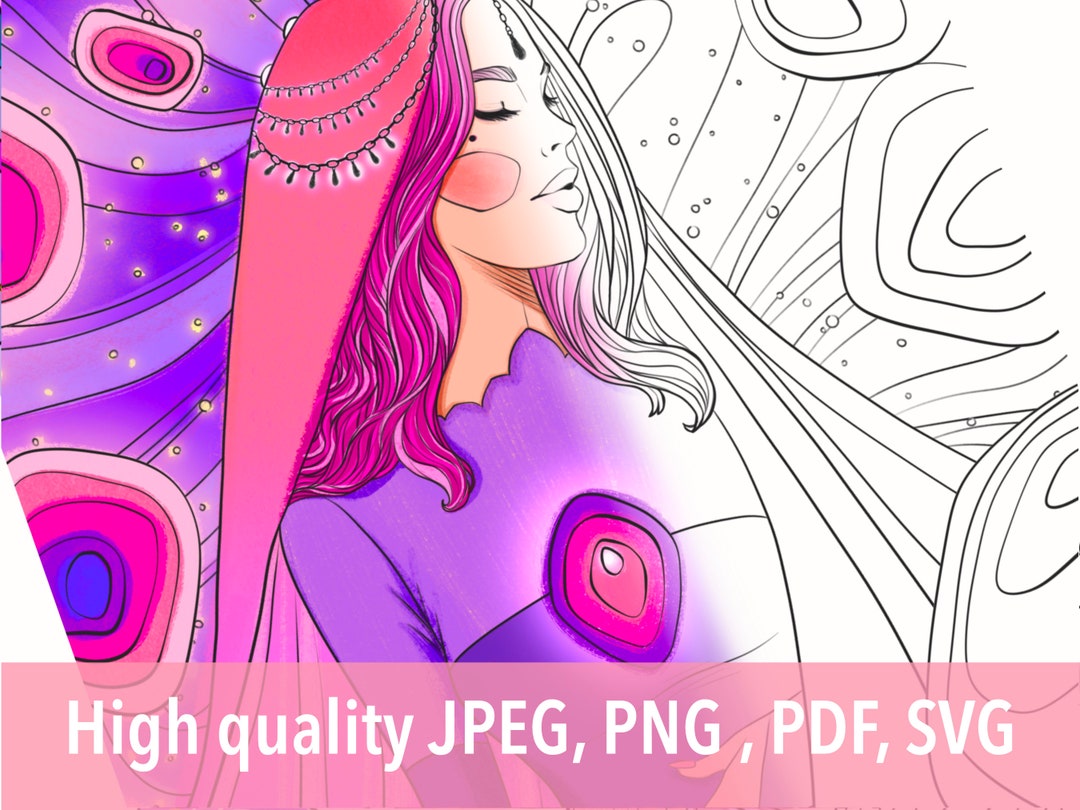 Digital Coloring Page Fantasy Mystical Woman - Etsy