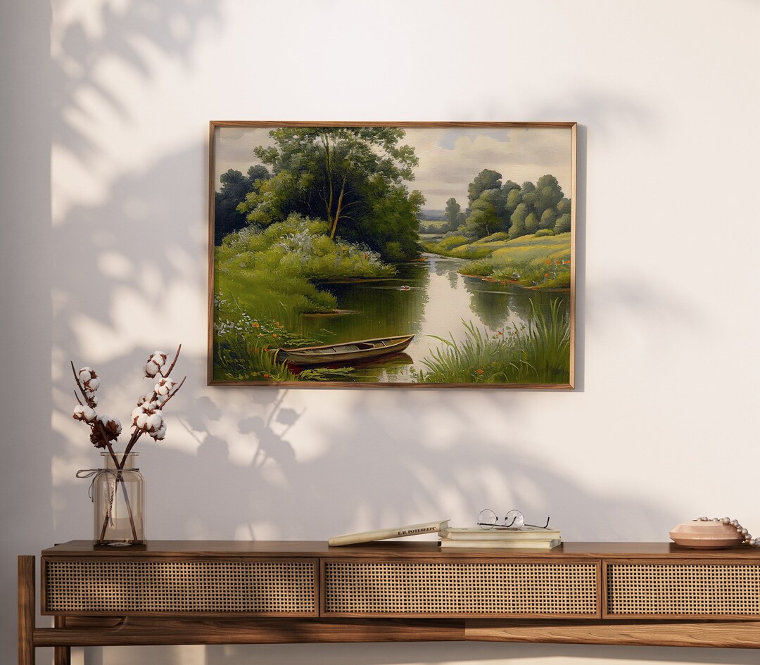 Cottagecore River Landscape Painting: Vintage Canoe Art (digital ...