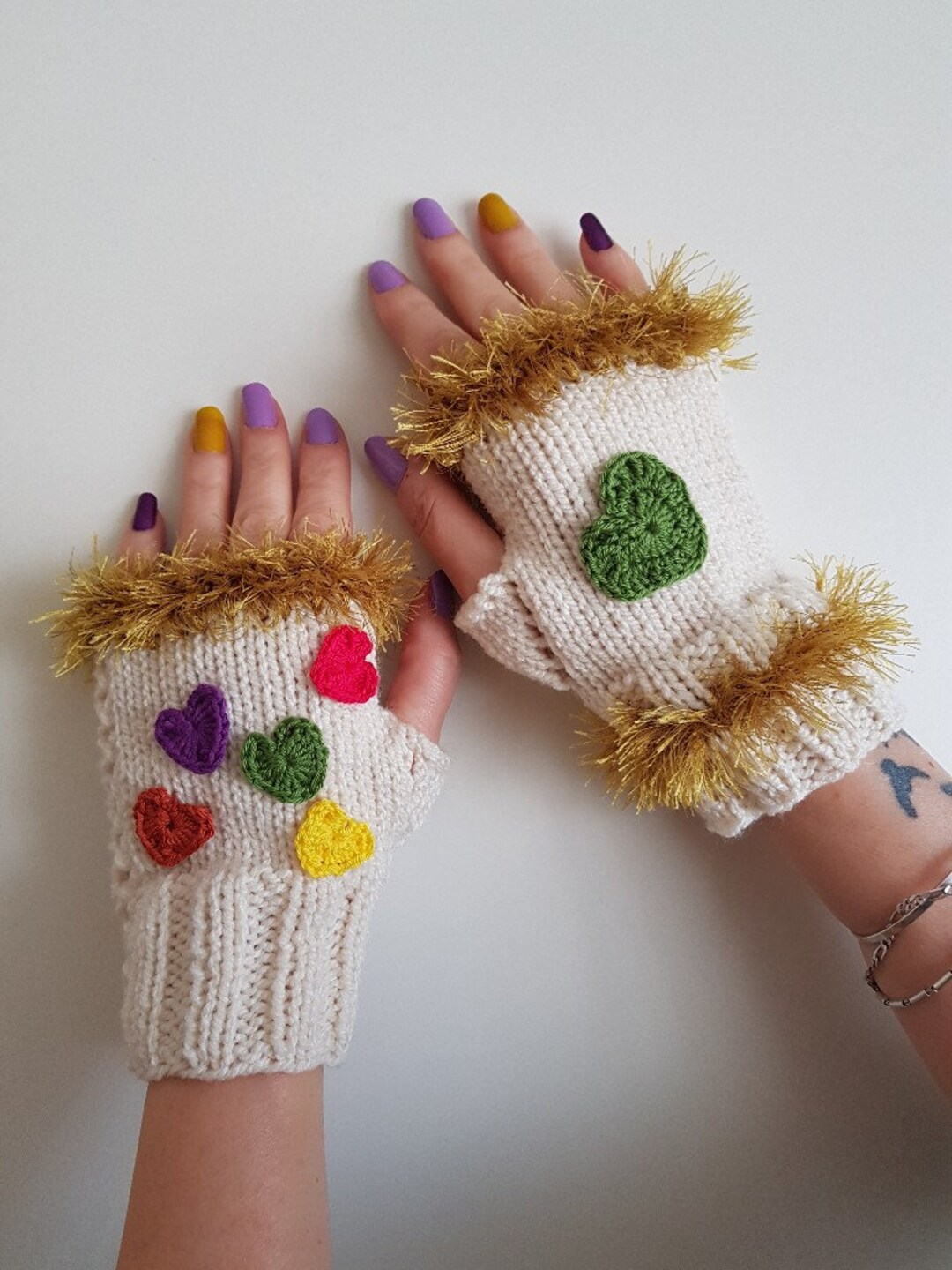 Colorful Heart Gloves/handmade Cream Gloves/crochet Heart Glove ...