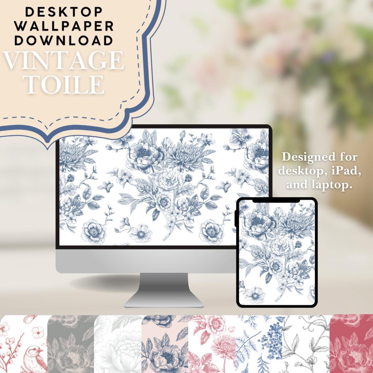 Vintage Toile Desktop Wallpaper, Desktop Background Digital, Digital ...