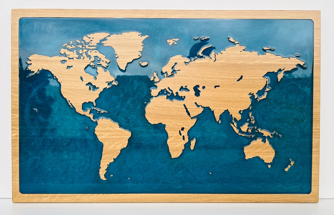 Epoxy Resin Art World Map, BLUE Gradient, 67 X 42 Cm, OAK, Handmade ...