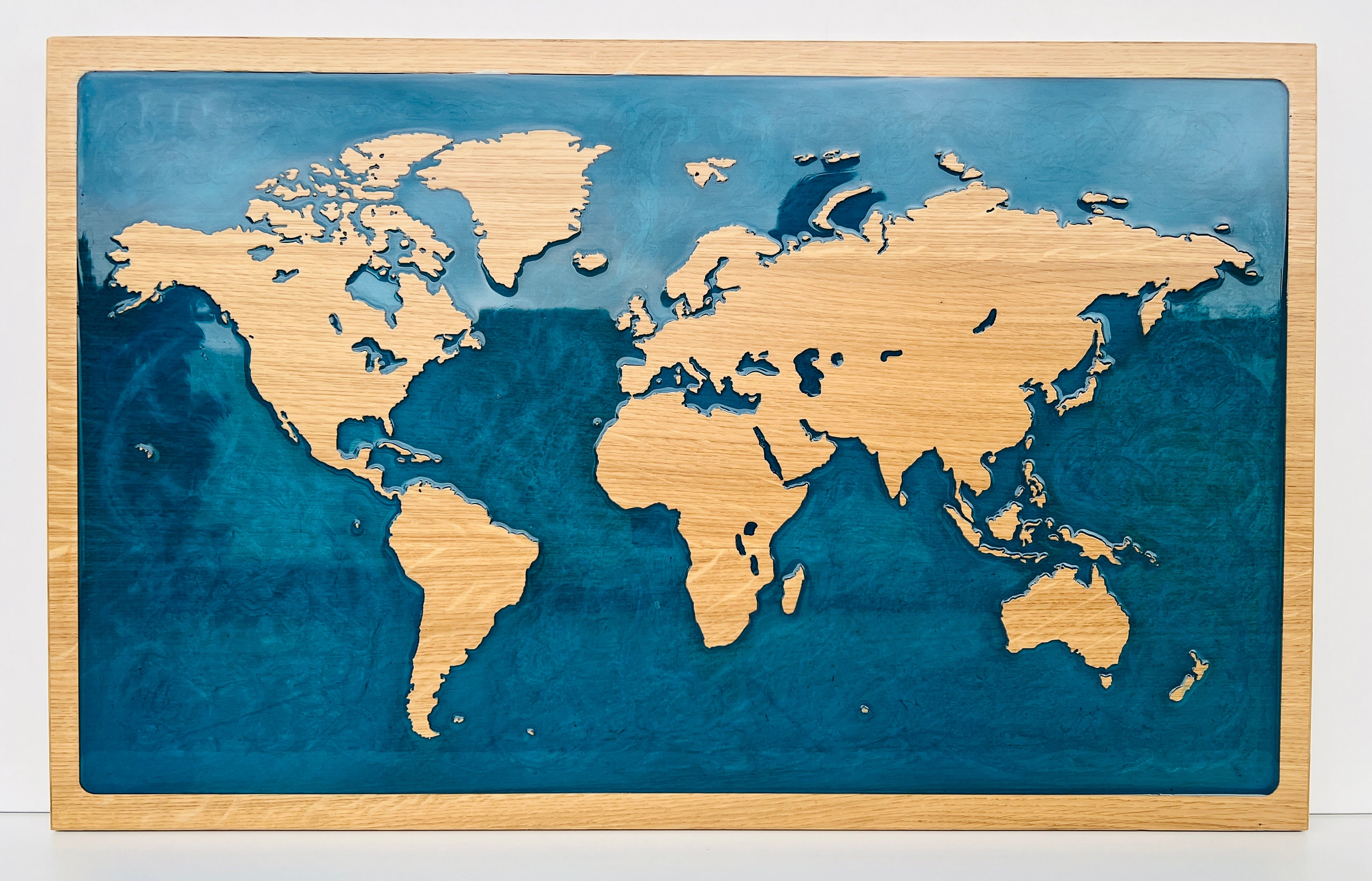 Epoxy Resin Art World Map, BLUE Gradient, 67 X 42 Cm, OAK, Handmade ...