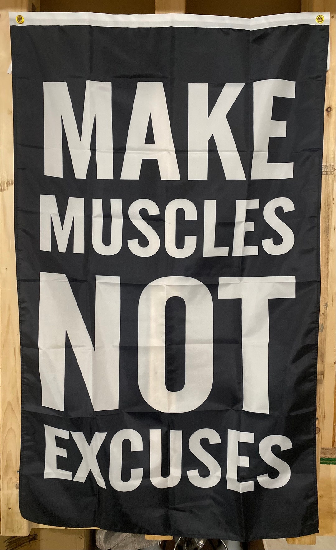 Motivation Flag FREE SHIP Make Muscles Not Excuses Lift Man Cave Gains ...