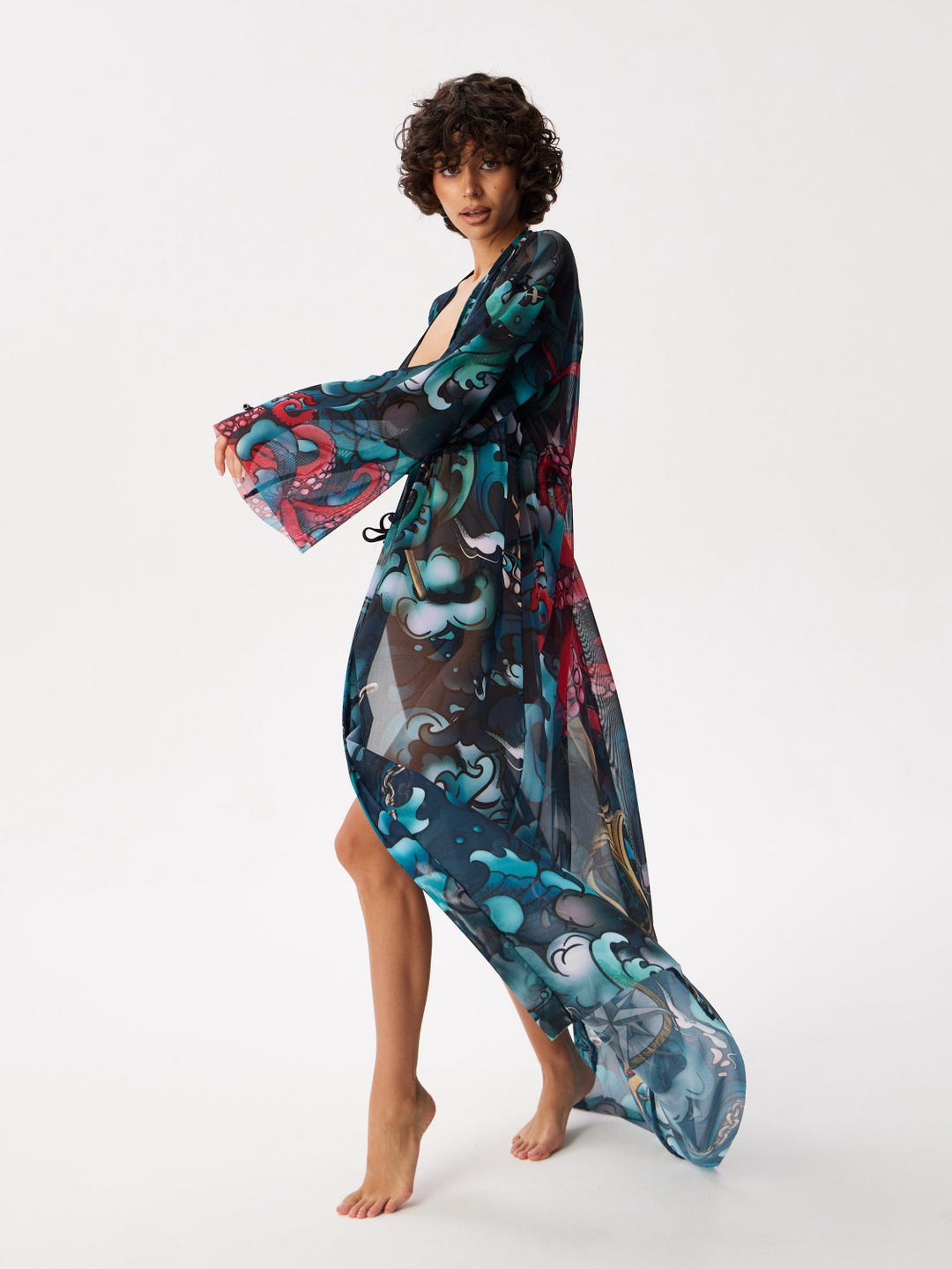 Octopus Sheer Mesh Maxi Kimono Cover-up for Women | Long Beach Tunic ...