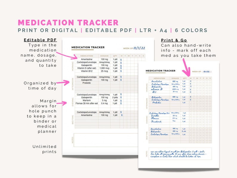 Printable Medication Tracker, Medication List, Vitamin Supplement Log ...