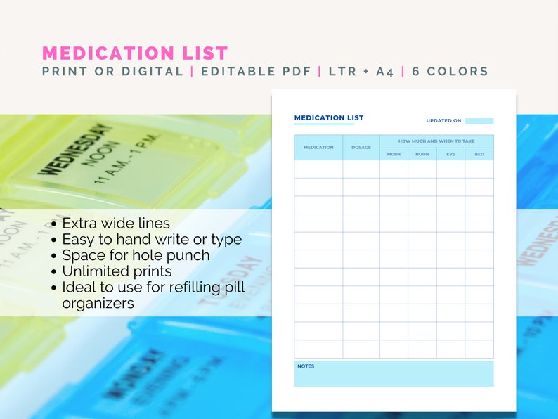 Printable Medication Tracker, Medication List, Vitamin Supplement Log ...
