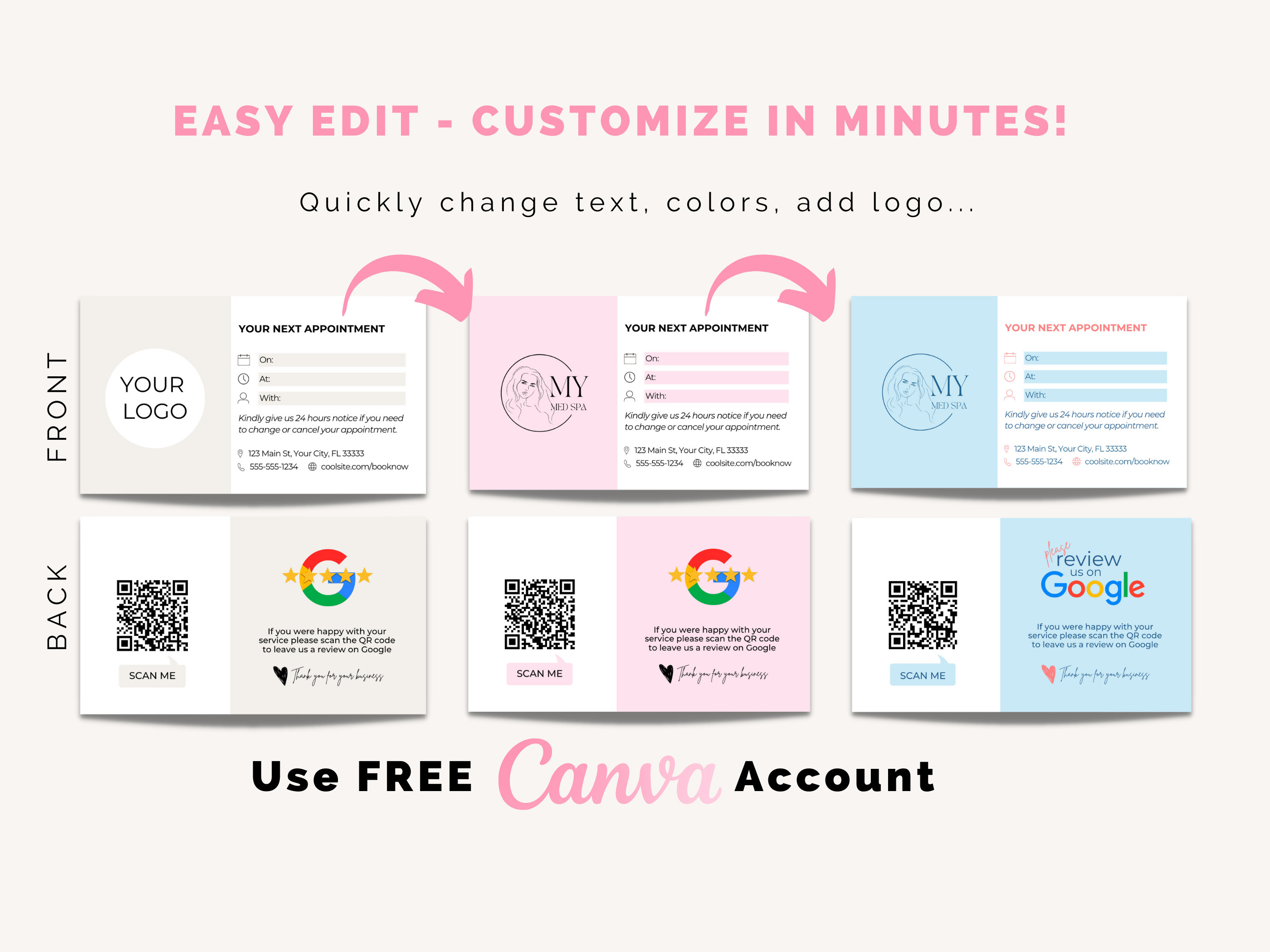 Editable Appointment Reminder Card, Google Review Business Card With QR ...