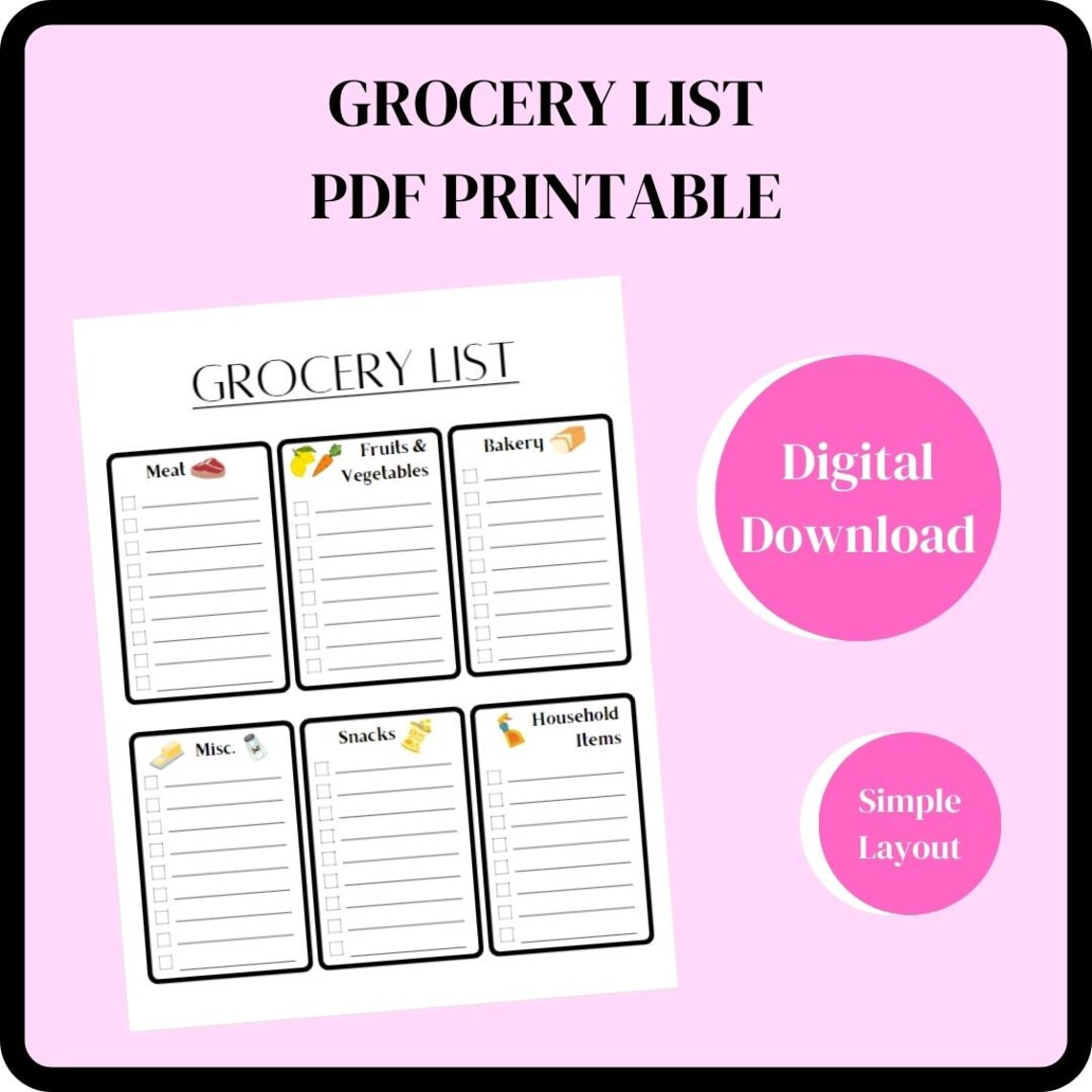 Simple Grocery List Printable Download PDF Digital Goodnotes - Etsy
