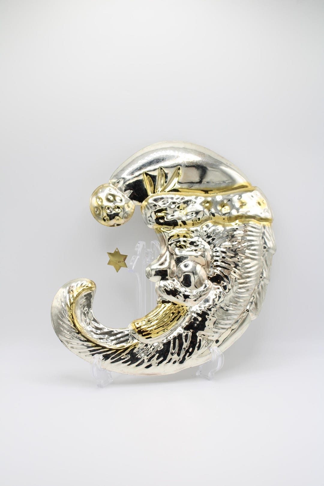 Vintage Dept 56 Silver & Gold Plated Santa Crescent Moon Wall Ornament ...