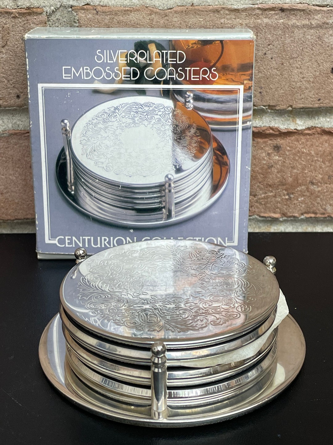 Vintage Silver Plate Etched Drink Coasters & Stand Silver Metal Barware ...