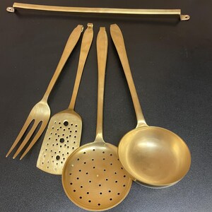 Vintage French Brass Kitchen Utensils With Hanging Bar 5 Piece Set ...
