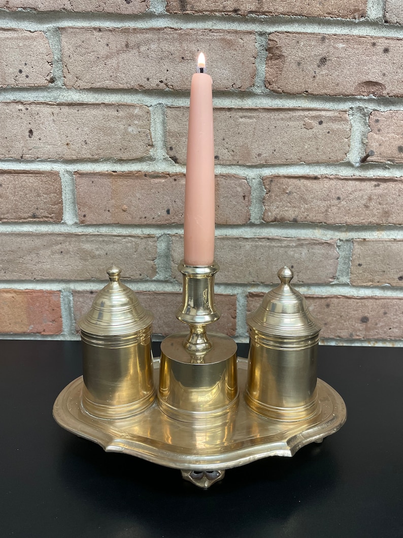 Vintage Brass Mottahedeh Standish Inkwell With Candlestick Holder ...