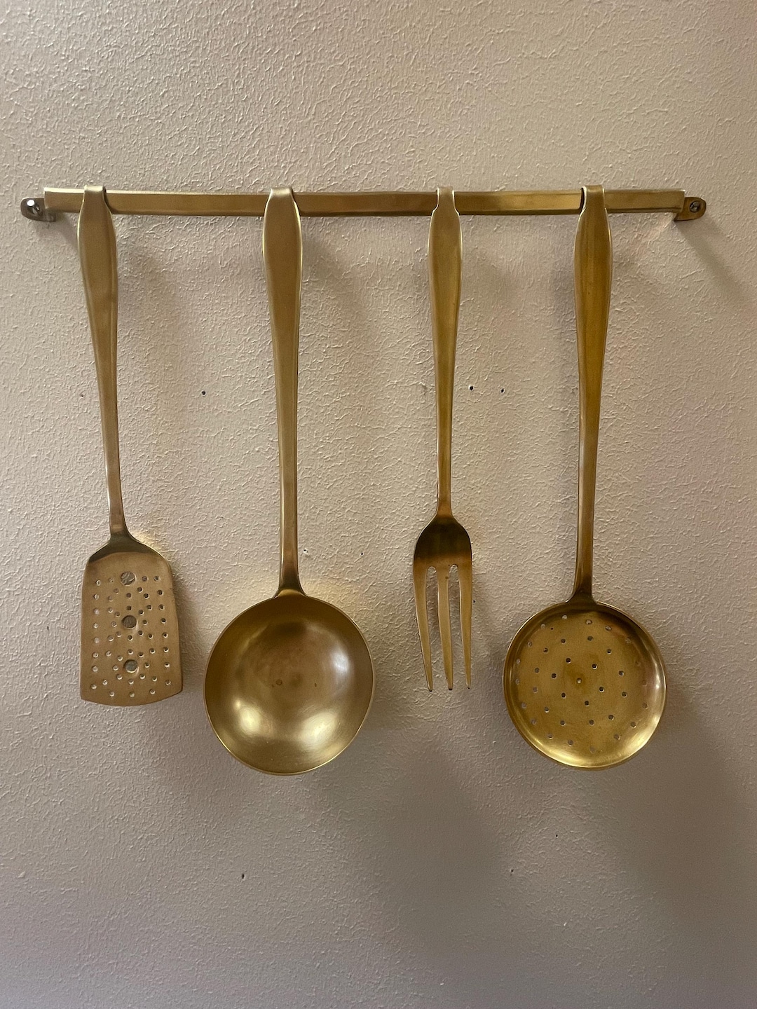 Vintage French Brass Kitchen Utensils With Hanging Bar 5 Piece Set ...